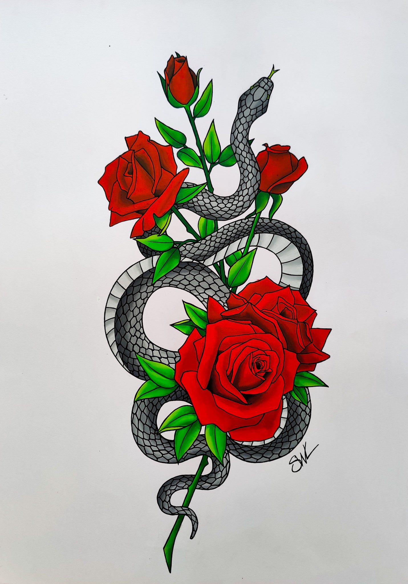 Drawings Of Snakes With Roses Hand Drawn Floral And Snake | Rose